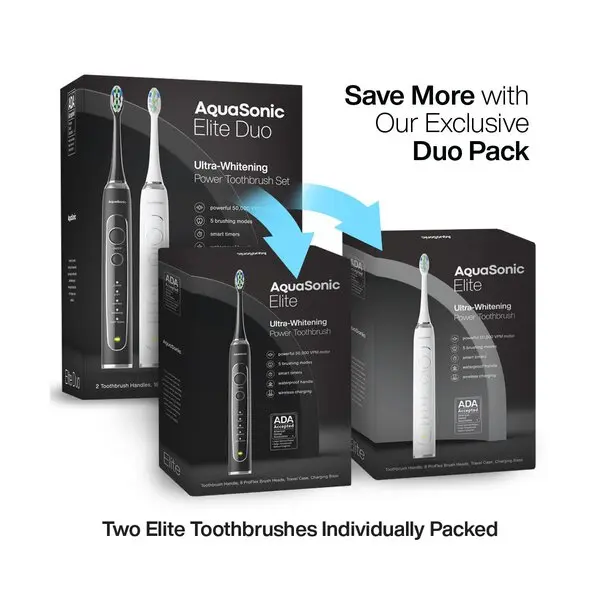AQUASONIC Elite Duo Rechargeable Electric Toothbrush Set – Ada Accepted - Black And White