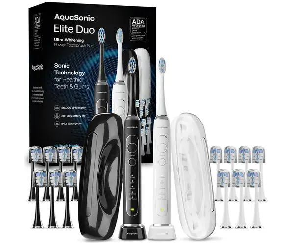 AQUASONIC Elite Duo Rechargeable Electric Toothbrush Set – Ada Accepted - Black,white