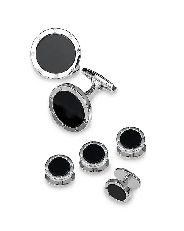 JAN LESLIE Round Rivet Etched Sterling Silver & Onyx Stud & Cufflink Set - Black