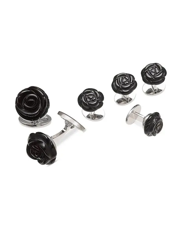 JAN LESLIE Carved Rose Sterling Silver & Onyx Stud & Cufflink Set - Black