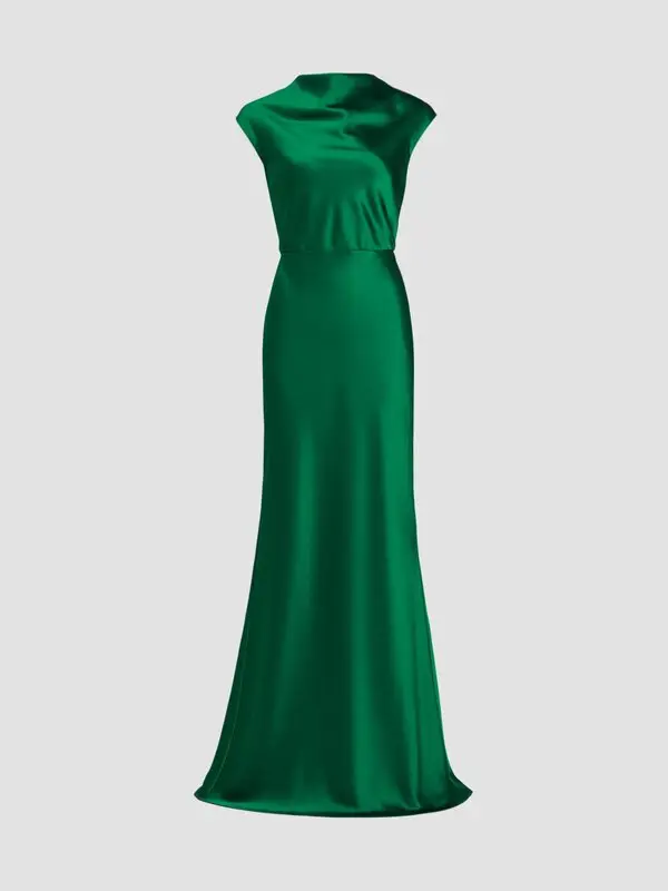 Amsale Satin High Cowlneck A-line Gown - Emerald