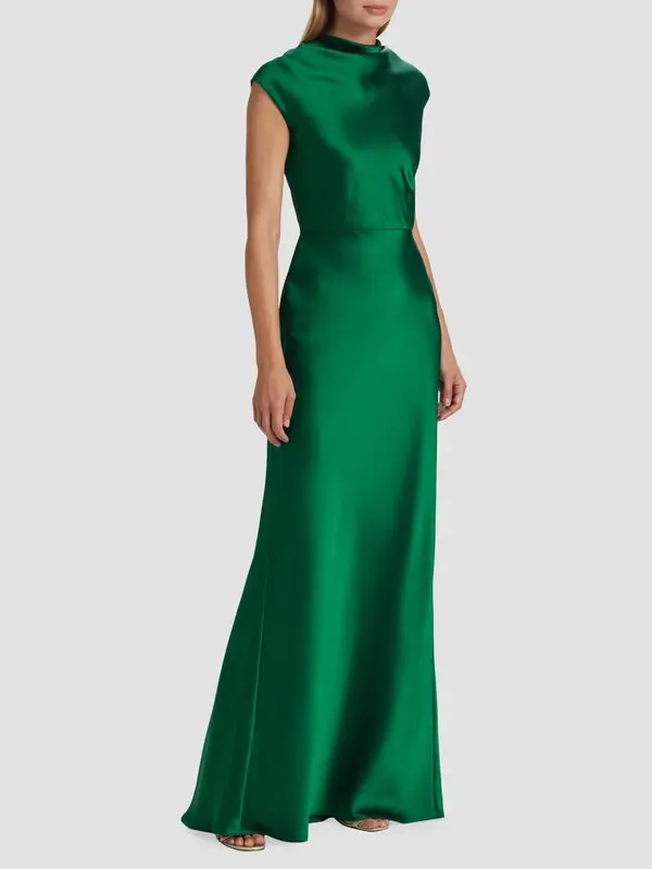 Amsale Satin High Cowlneck A-line Gown - Emerald