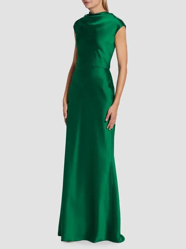 Amsale Satin High Cowlneck A-line Gown - Emerald