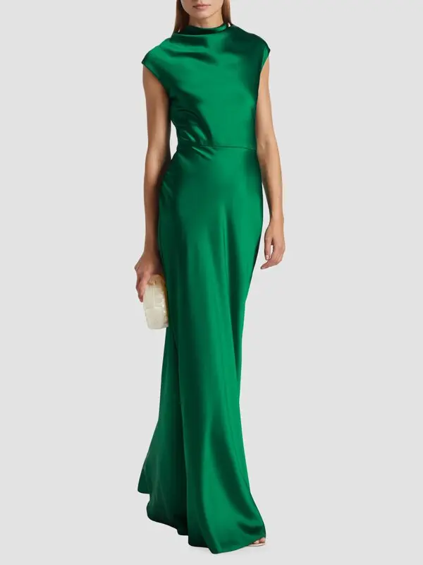 Amsale Satin High Cowlneck A-line Gown - Emerald