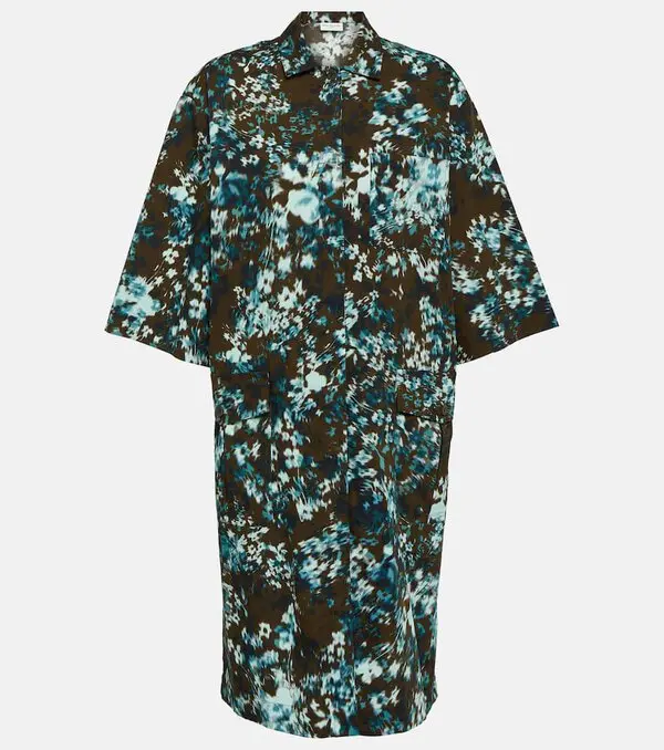 Dries Van Noten Khaki" Floral Cotton Poplin Shirt Dress