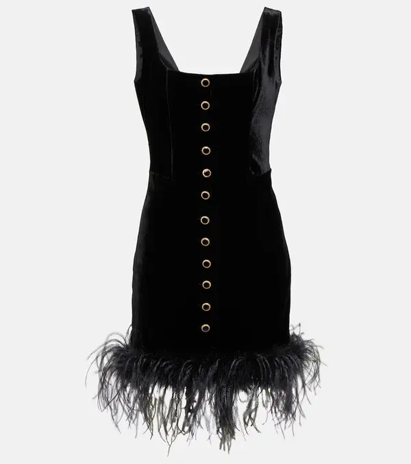 Alessandra Rich Feather-trimmed Velvet Minidress - Black