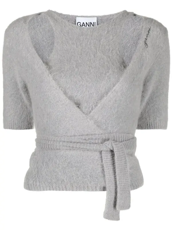 GANNI Layered Brushed Knit Cardigan - Grey