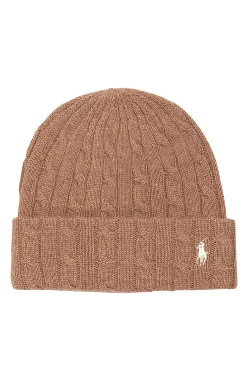Polo Ralph Lauren Logo Embroidered Cable Beanie - Camel