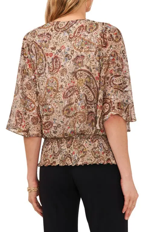Chaus Print Metallic Smocked Blouse