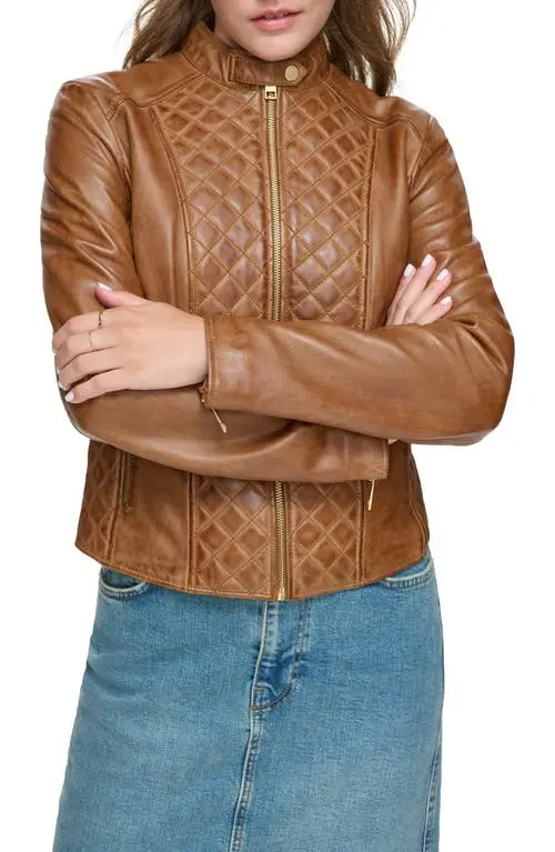 Andrew Marc Quilted Leather Moto Jacket - Cognac