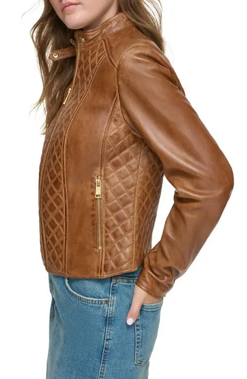 Andrew Marc Quilted Leather Moto Jacket - Cognac