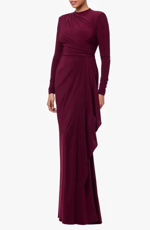Betsy & Adam Ruffle Long Sleeve Sheath Gown - Wine
