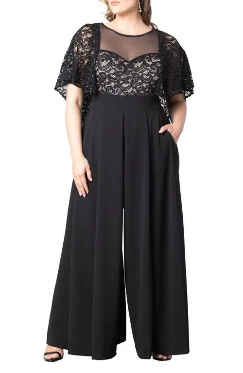 KIYONNA Sequin Lace Cape Jumpsuit - Black/nude
