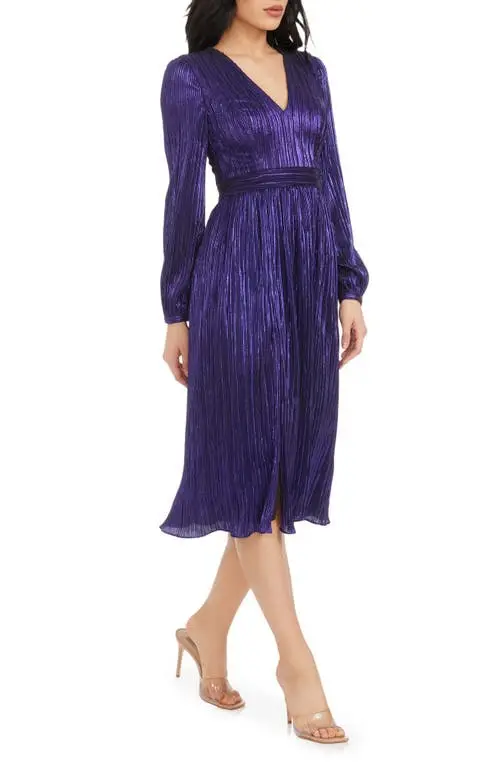 Dress The Population Holly Metallic Plissé Dress - Deep Plum
