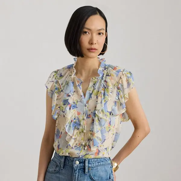 Ralph Lauren Floral Ruffle-trim Georgette Shirt - Blue Multi