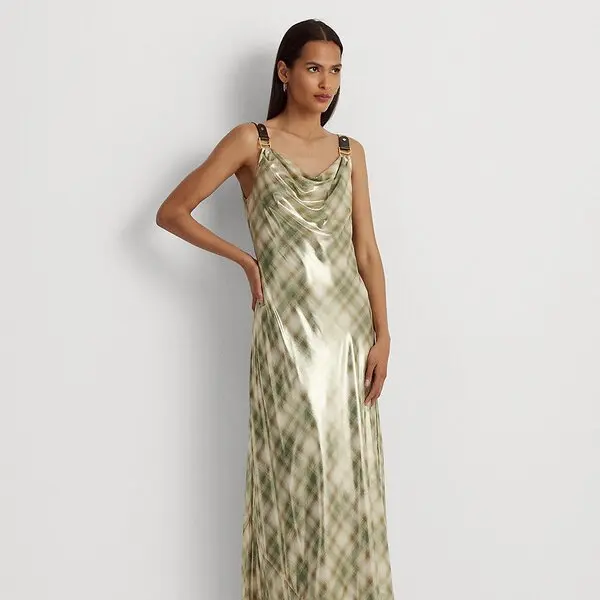 Ralph Lauren Plaid Metallic Georgette Gown In Cream/Olive - 48% Off |  Editorialist
