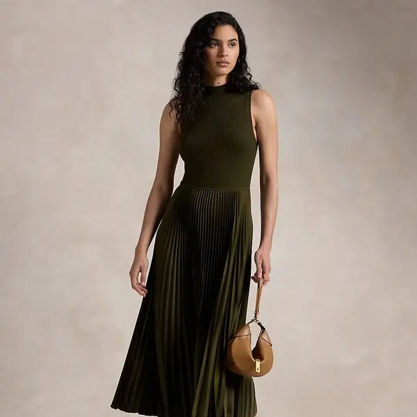Pleated Sleeveless Mockneck Dress - Dark Loden