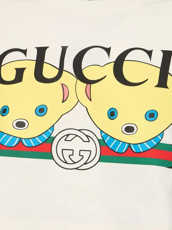 Gucci Bear Print Cotton Crop T-Shirt White,Multi Editorialist