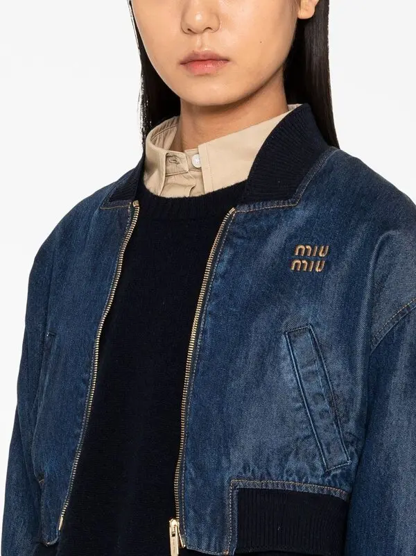 Miu Miu Embroidered-logo Denim Blouson Jacket - Blue