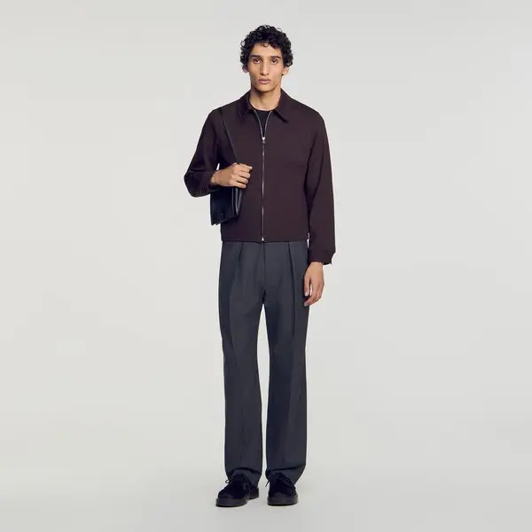Sandro Cotton Zip Jacket With Classic Collar - Chocolate