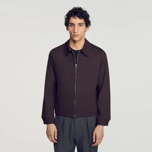 Sandro Cotton Zip Jacket With Classic Collar - Chocolate