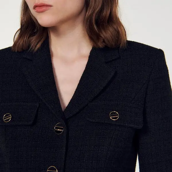 Sandro Cropped Tweed Jacket Navy Blue Editorialist