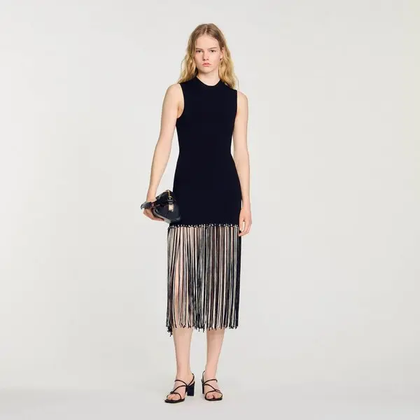 knee length dresses for ladies OUT OF STOCK Sandro One shoulder midi dress with fringes