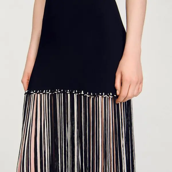Fringed Knit Dress - Black / Ecru
