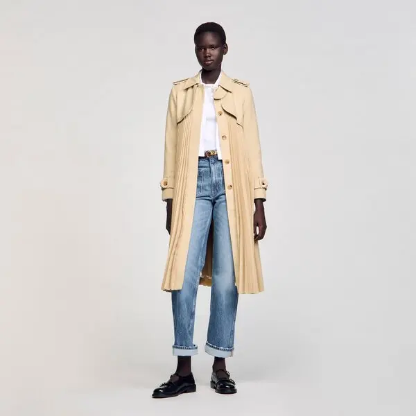 Sandro Pleated Trench Coat With Belt - Beige