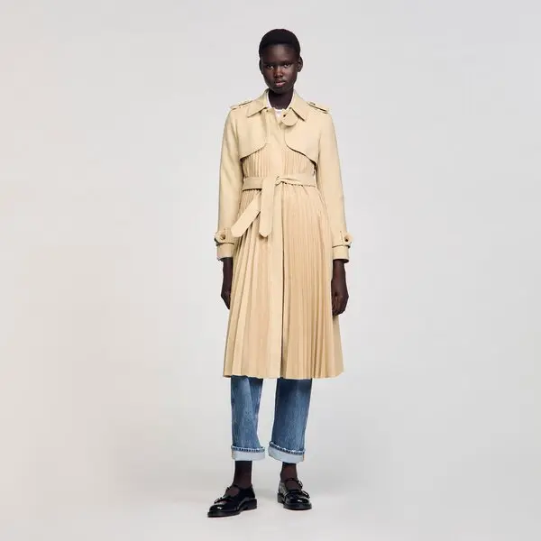 Sandro Pleated Trench Coat With Belt - Beige