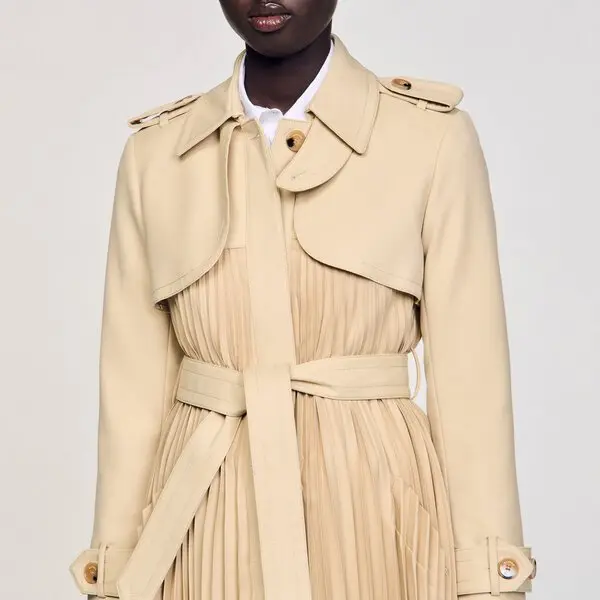 Sandro Pleated Trench Coat With Belt - Beige