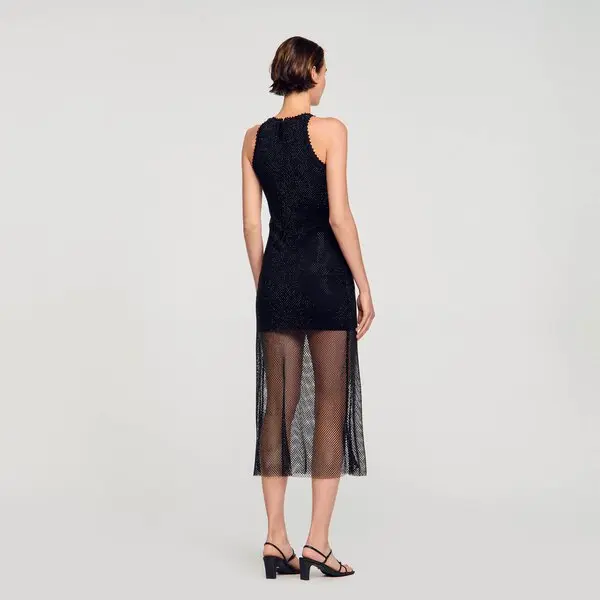 Sandro Long Shiny Mesh Dress - Navy Blue | Editorialist