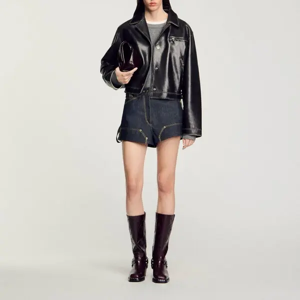 Sandro Distressed Leather Jacket - Black