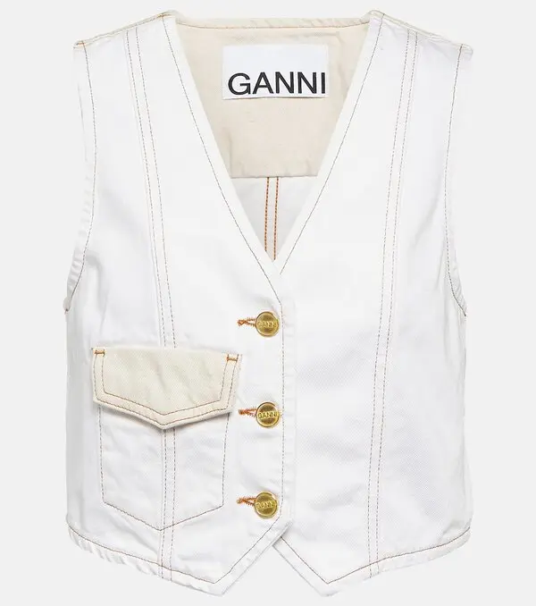 GANNI Cropped Denim Waistcoat - White