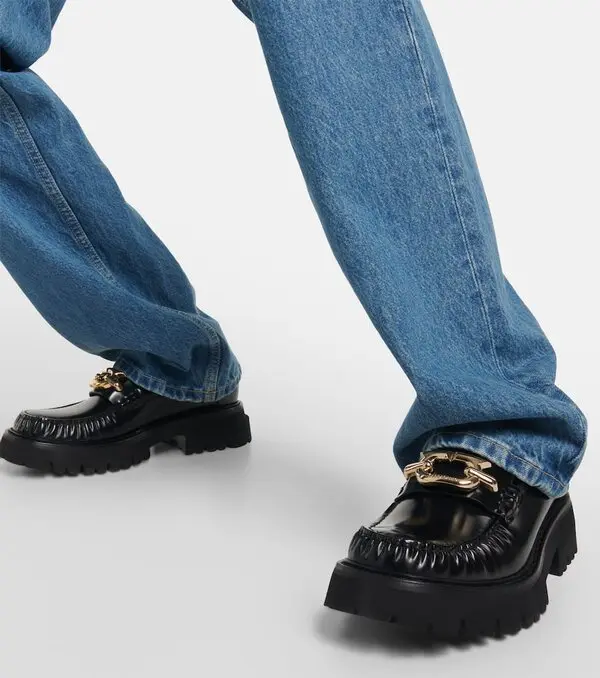 FERRAGAMO Embellished Leather Loafers - Black