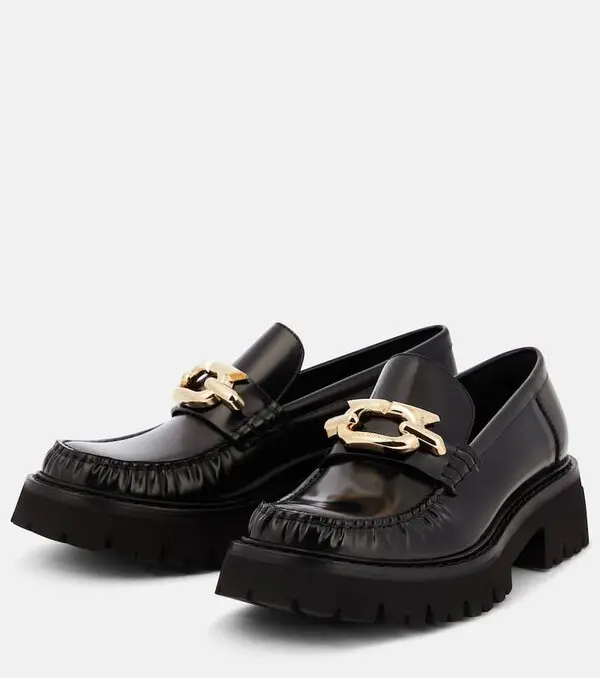 FERRAGAMO Embellished Leather Loafers - Black
