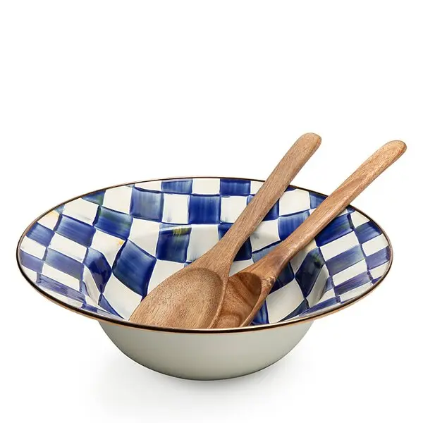 MACKENZIE-CHILDS Royal Check Enamel Salad Serving Set - Blue/white