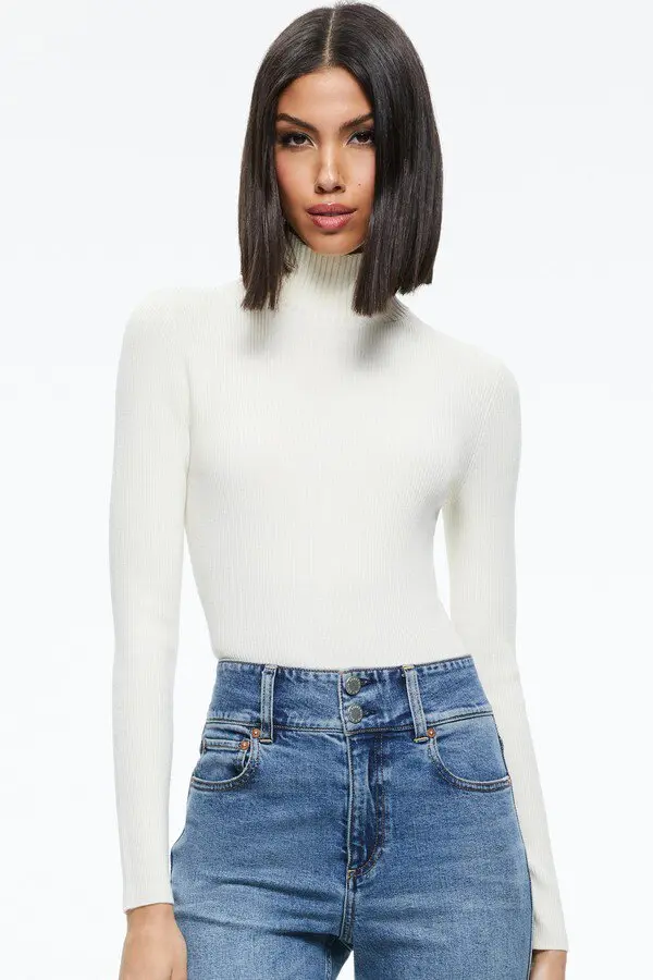 Alice + Olivia Senaida Cropped Mock Neck Pullover - White