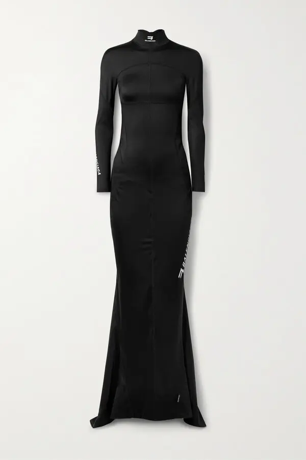 Balenciaga Printed Open-back Stretch-jersey Turtleneck Gown