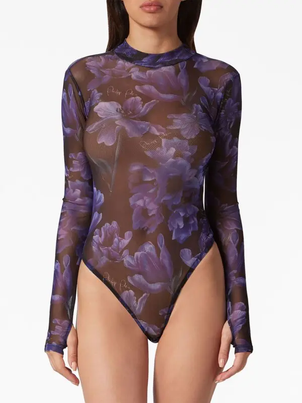 Philipp Plein Floral-print Long-sleeved Bodysuit