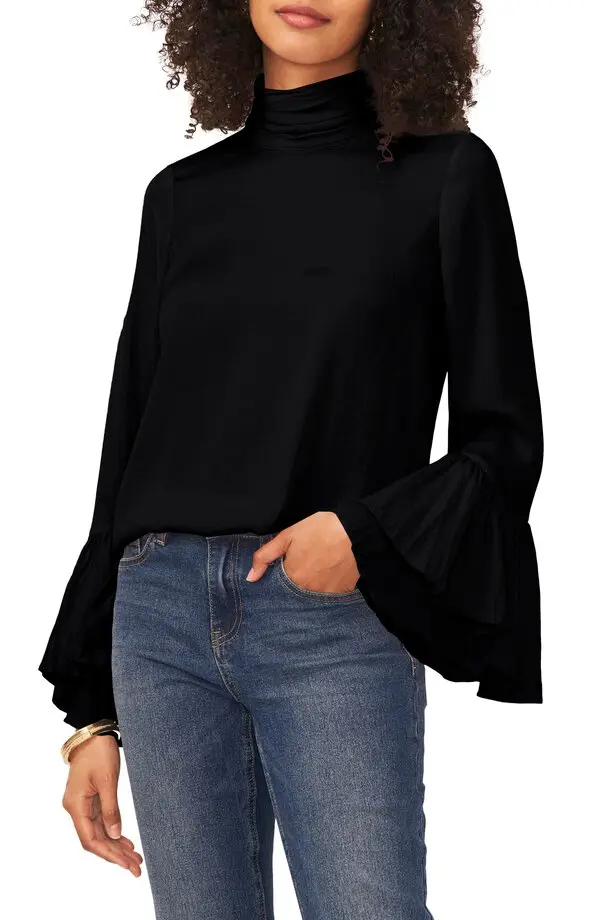 Vince Camuto Ruffle Bell Sleeve Mock Neck Top - Rich Black