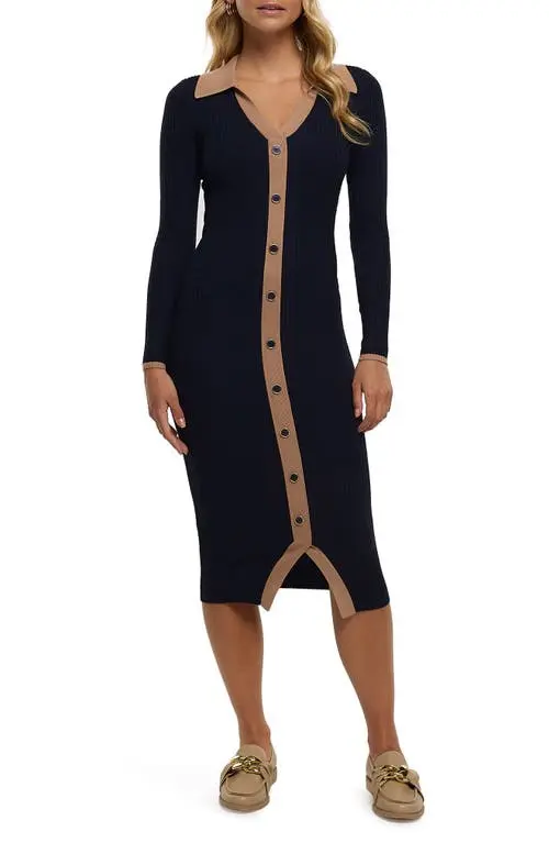 knee length dresses for ladies Gray Black Winter Crew Neck Knit Sweater Midi A-line Dress main image 0