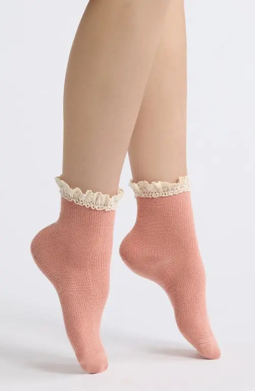 Free People Beloved Waffle Knit Ankle Socks With Lace Trim - Old Rose
