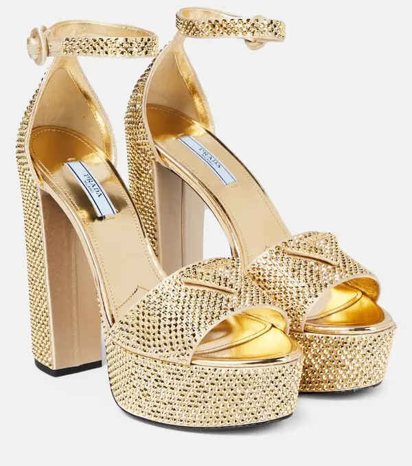Prada Embellished Satin Platform Sandals In Gold - 60% Off