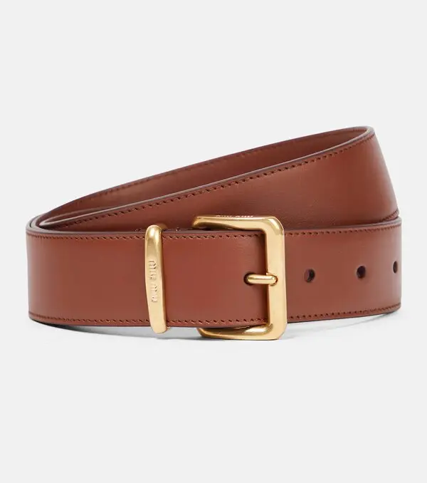 Miu Miu Leather Belt With Antique Gold Buckle - Brown