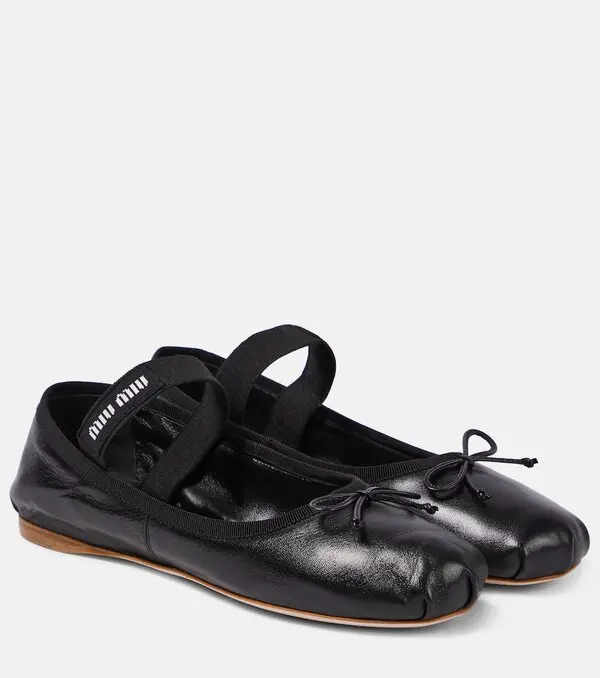 Miu Miu Logo Leather Ballet Flats - Black