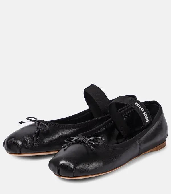 Miu Miu Logo Leather Ballet Flats - Black