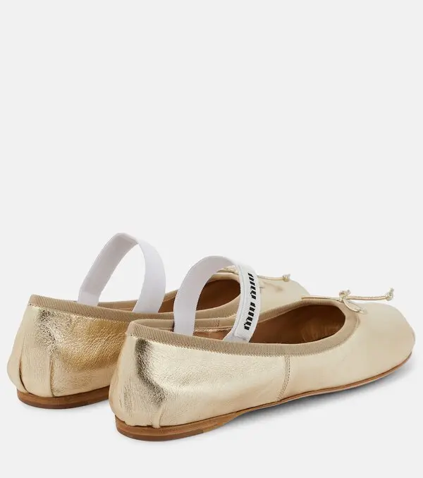 Miu Miu Logo Leather Ballet Flats - Gold