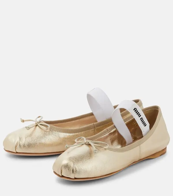 Miu Miu Logo Leather Ballet Flats - Gold