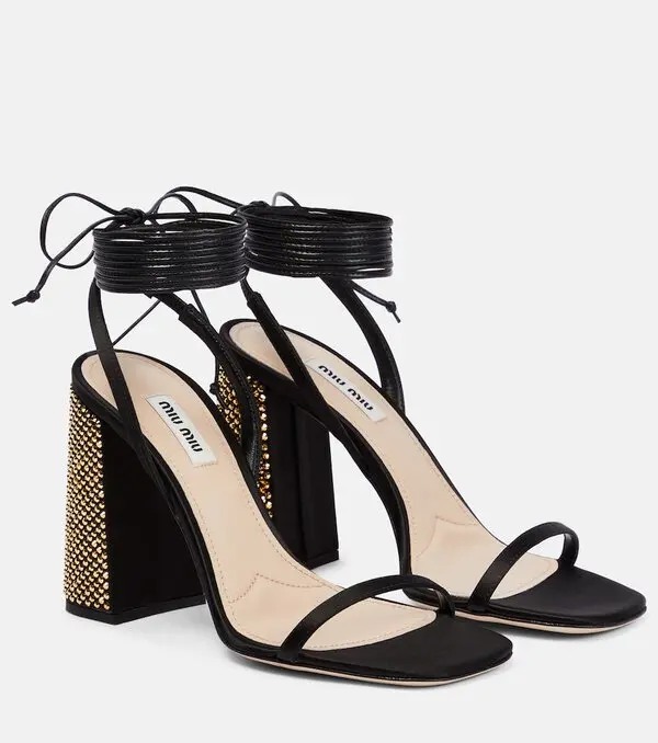 Miu Miu Embellished Satin Sandals - Black